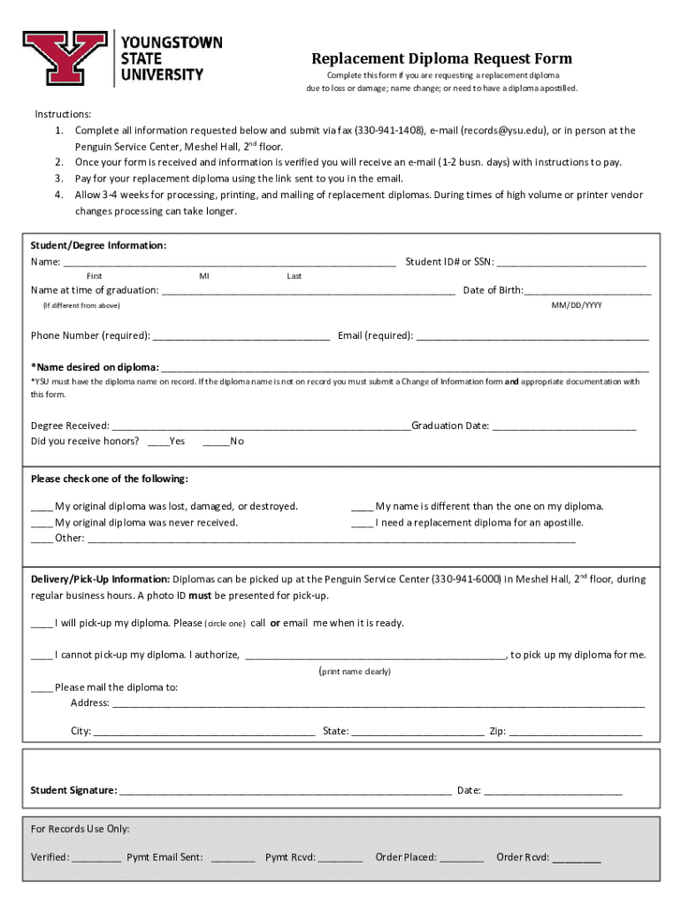 Fillable Online Application for Replacement of Diploma Fax Email Print ...