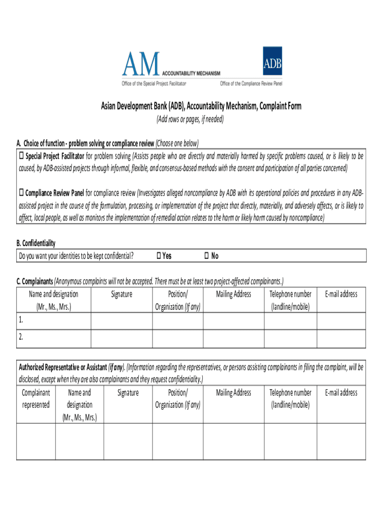 Fillable Online ADB Accountability Mechanism Complaint Form Fax Email Print - pdfFiller