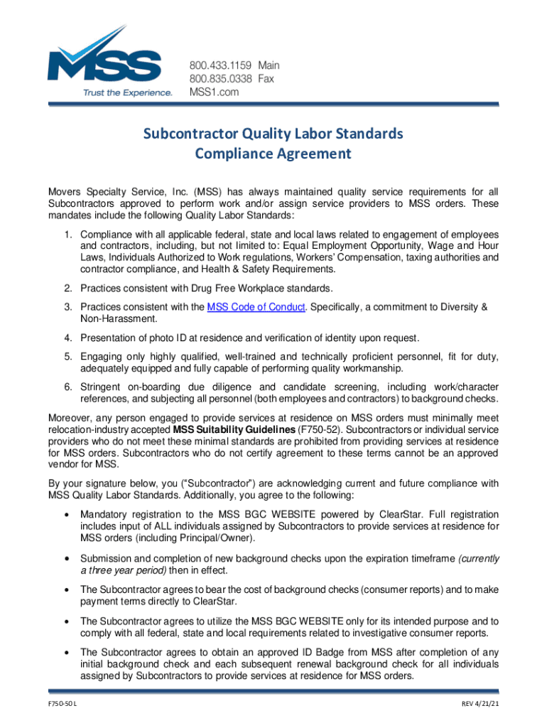 Fillable Online Subcontractor Quality Labor Standards Compliance ...