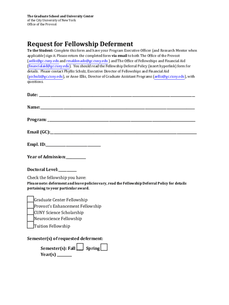 Fillable Online web gc cuny Request for Fellowship Deferment Fax Email ...