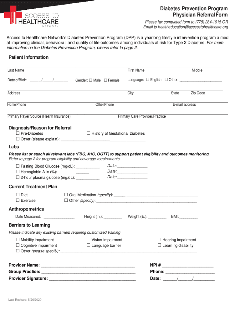 Fillable Online Diabetes Prevention Program Physician Referral Form Fax ...