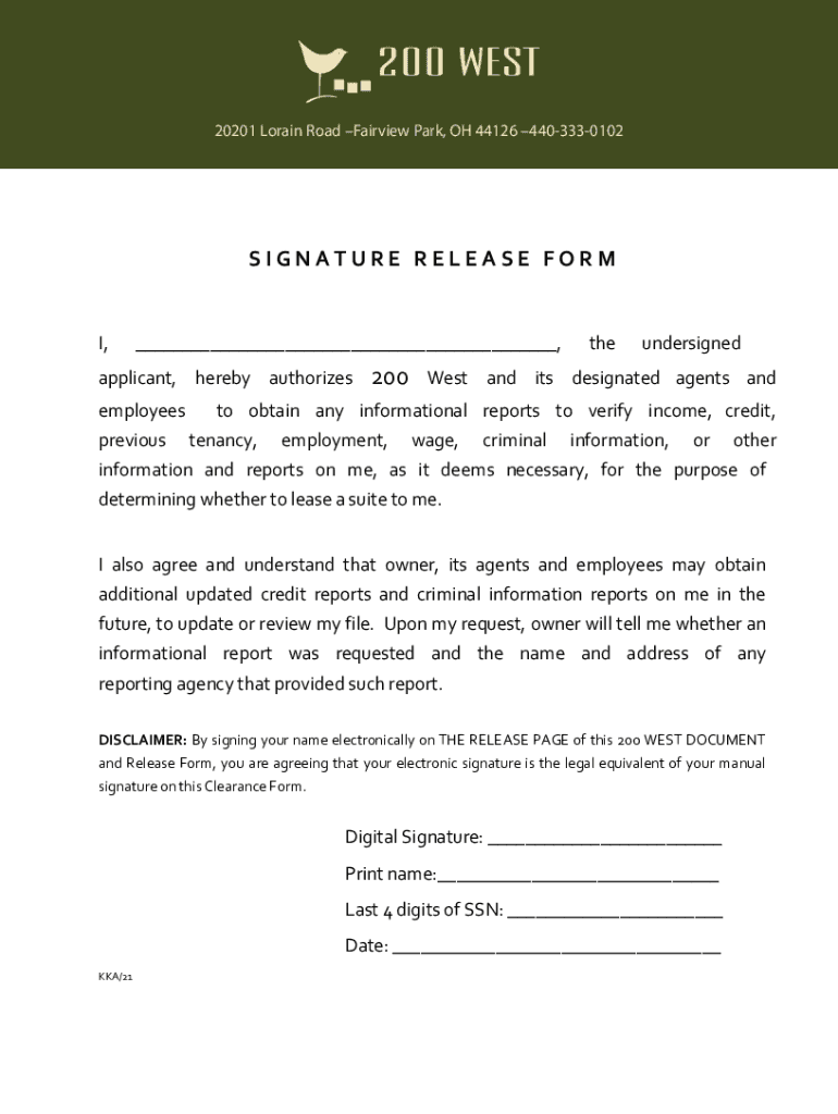Fillable Online SIGNATURE RELEASE FORM - 200 West Apartments Fax Email ...