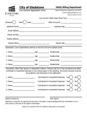 Fillable Online Low Income Application Form - City of Gladstone Oregon ...