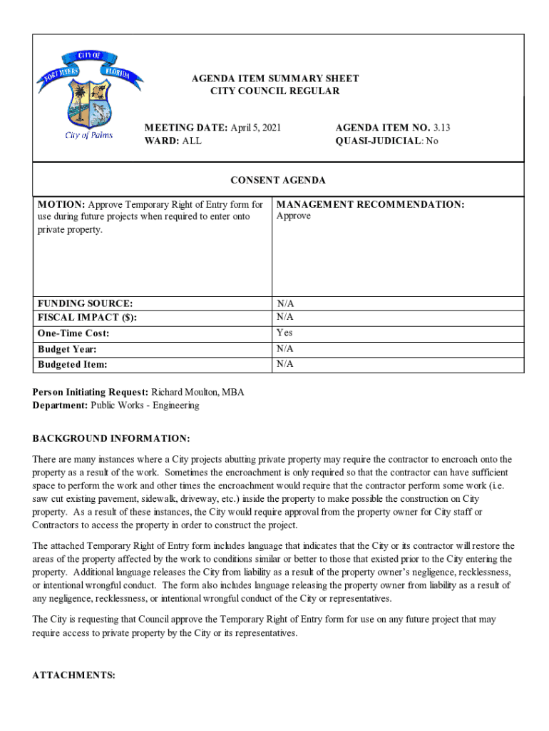 Fillable Online Temporary Right of Entry form for use during future ...