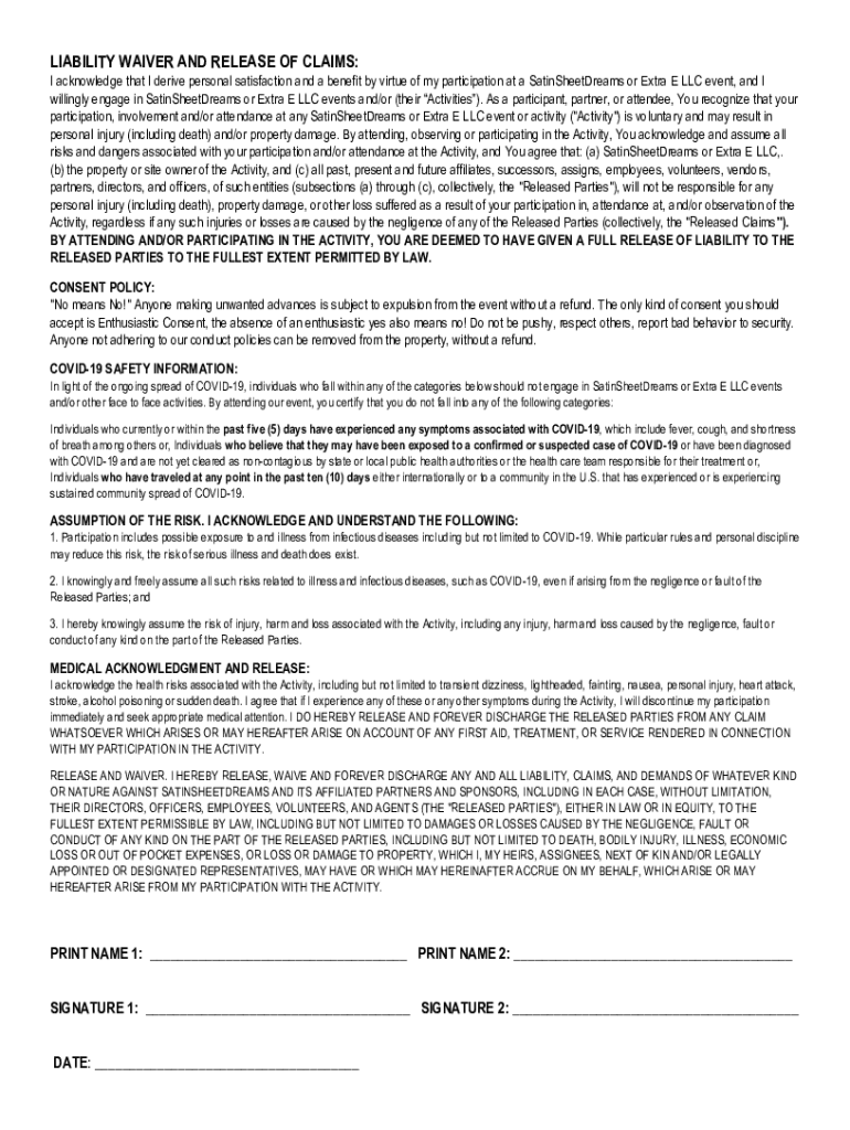 Fillable Online LIABILITY WAIVER AND RELEASE OF CLAIMS: Fax Email Print ...