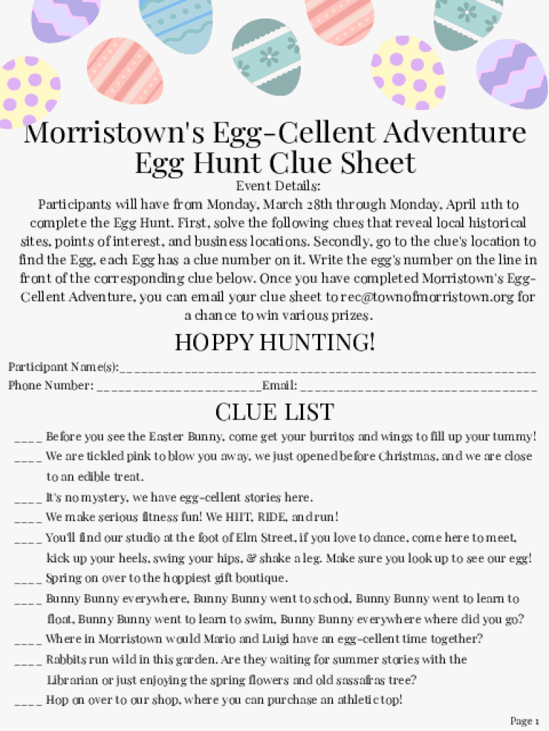 Fillable Online Clue Sheet Morristown's Egg-Cellent Adventure Fax Email ...