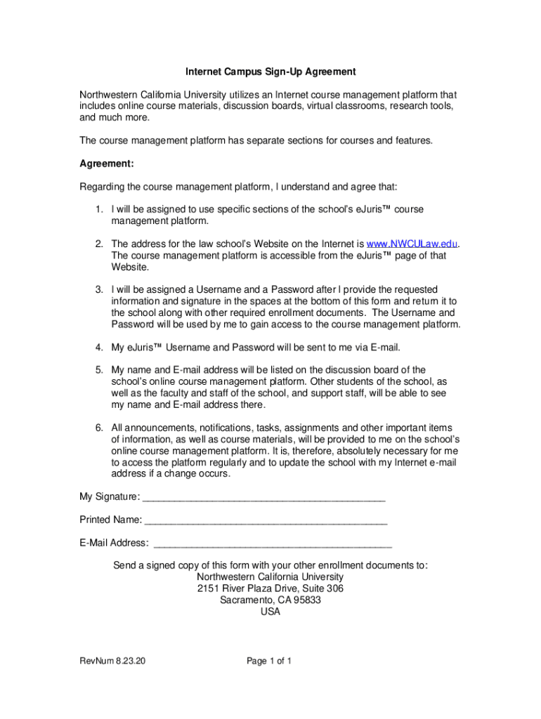 Fillable Online Internet Campus Sign-Up Agreement Fax Email Print ...