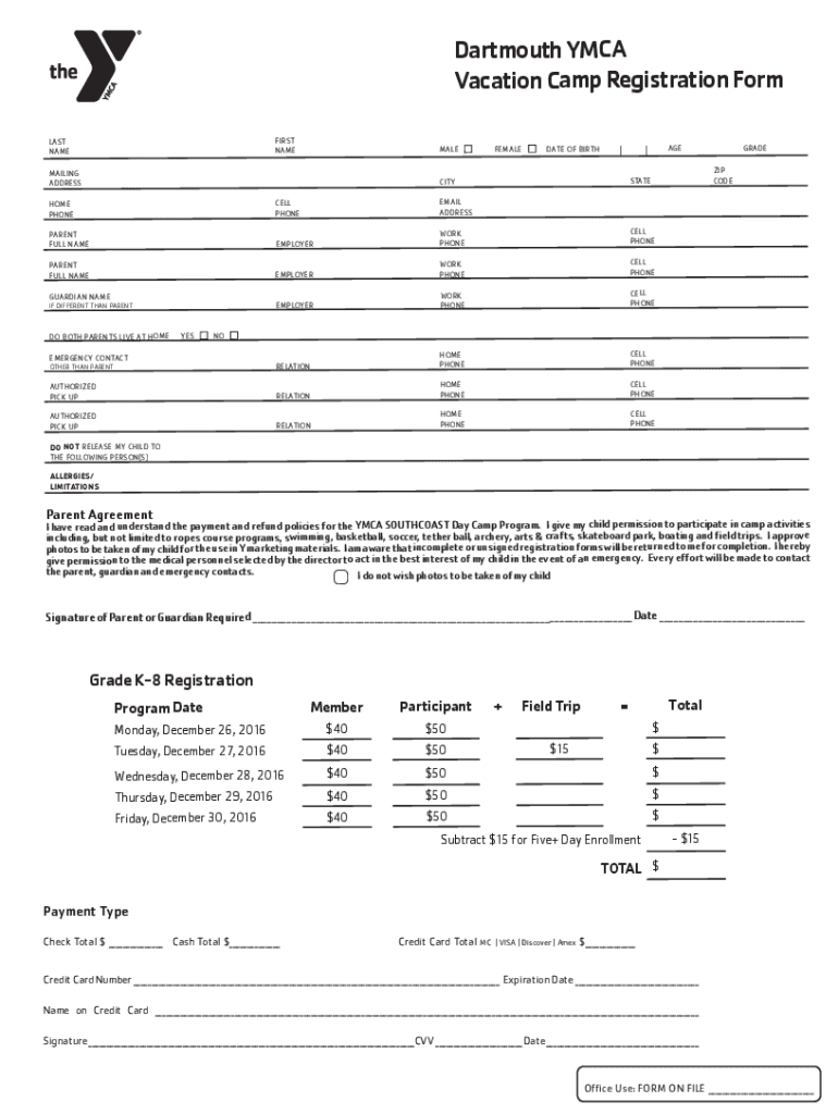 Fillable Online Dartmouth YMCA Vacation Camp Registration Form Fax ...