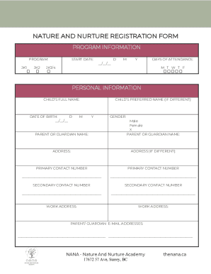 Fillable Online NATURE AND NURTURE REGISTRATION FORM Fax Email Print ...