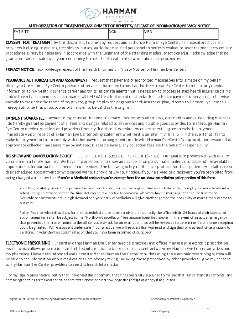 Fillable Online authorization of treatment/assignment of benefits ...