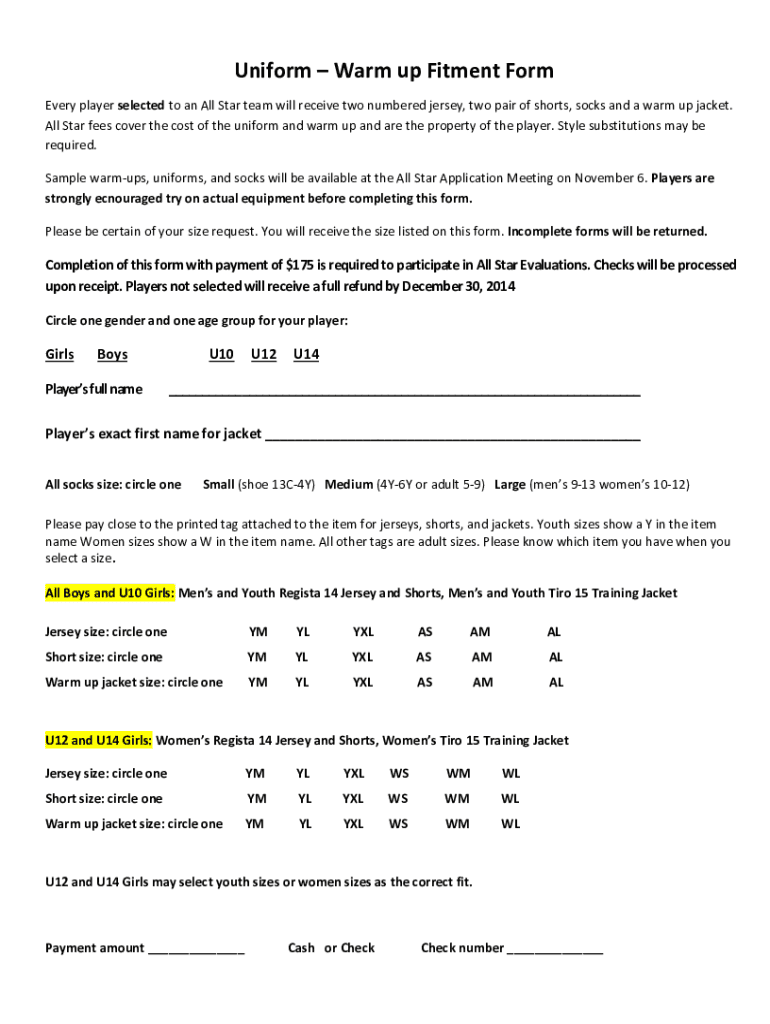 Fillable Online Uniform-Warmup Fitment Form Fax Email Print - pdfFiller