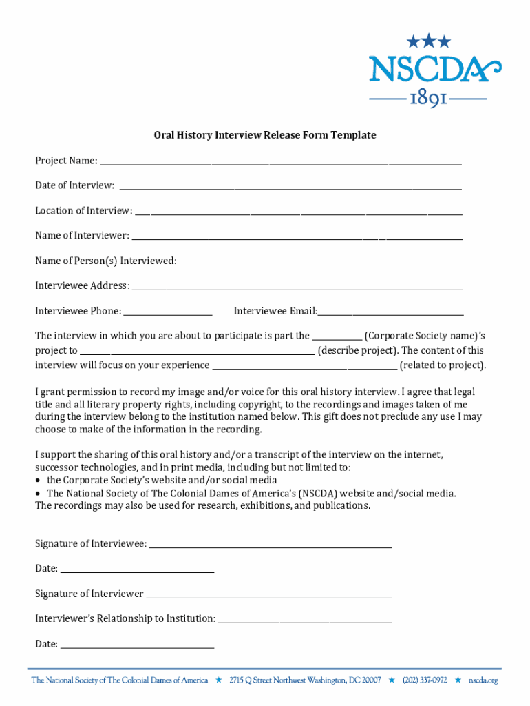 Fillable Online Oral History Interview Release Form Template Project ...
