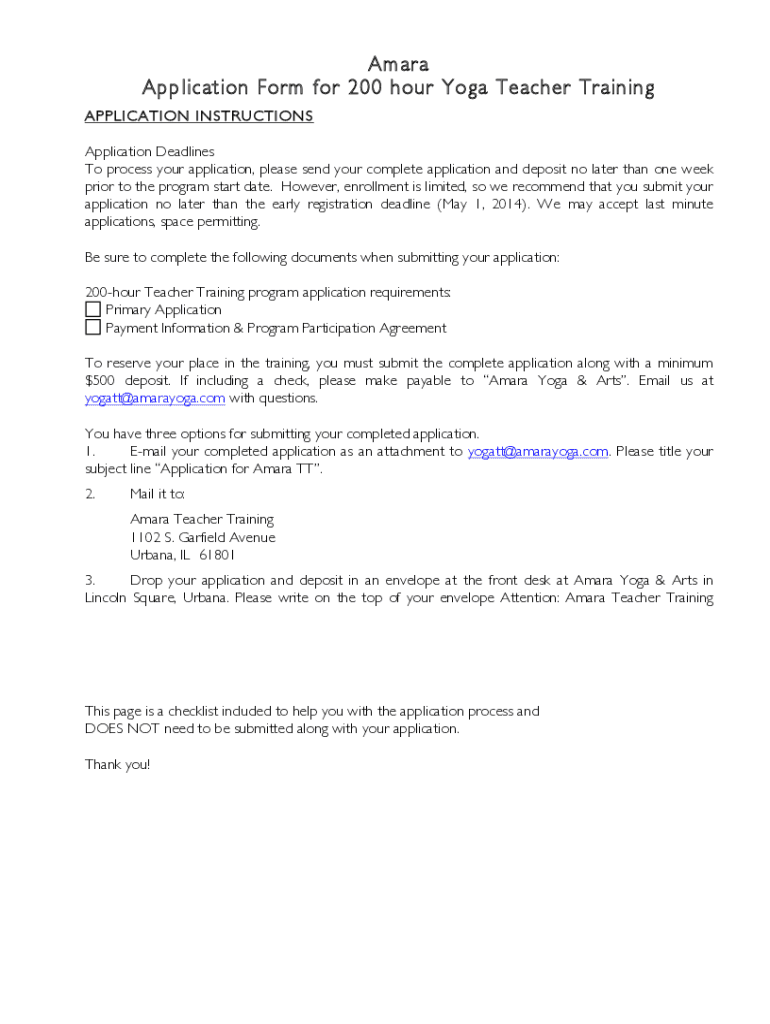 Fillable Online Amara Application Form for 200 hour Yoga Teacher ...