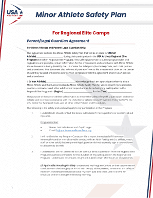 Fillable Online Minor Athlete Safety Plan Agreement- Camps Parents ...
