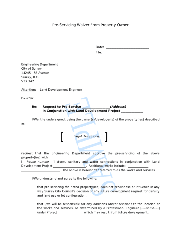 Pre-Servicing Waiver from Property Owner Doc Template | pdfFiller