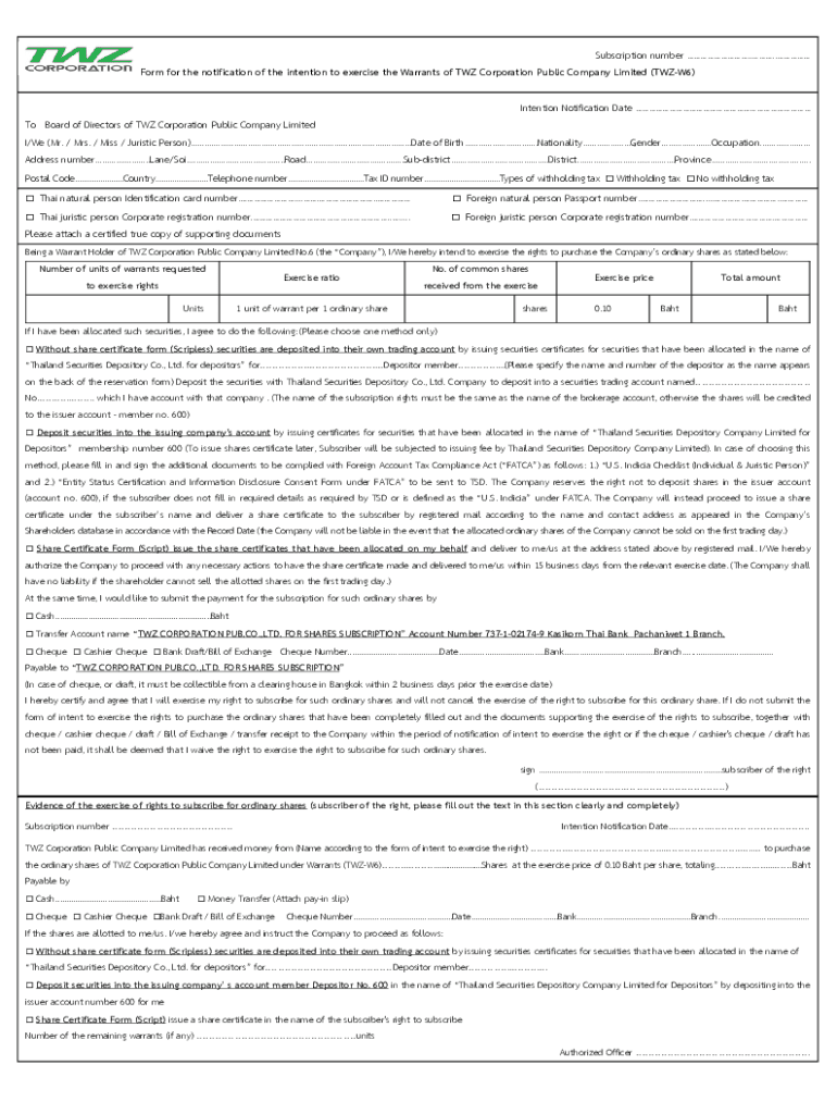 Fillable Online Receipt of Application to Exercise TWZ-W6-R to TWZ-R ...