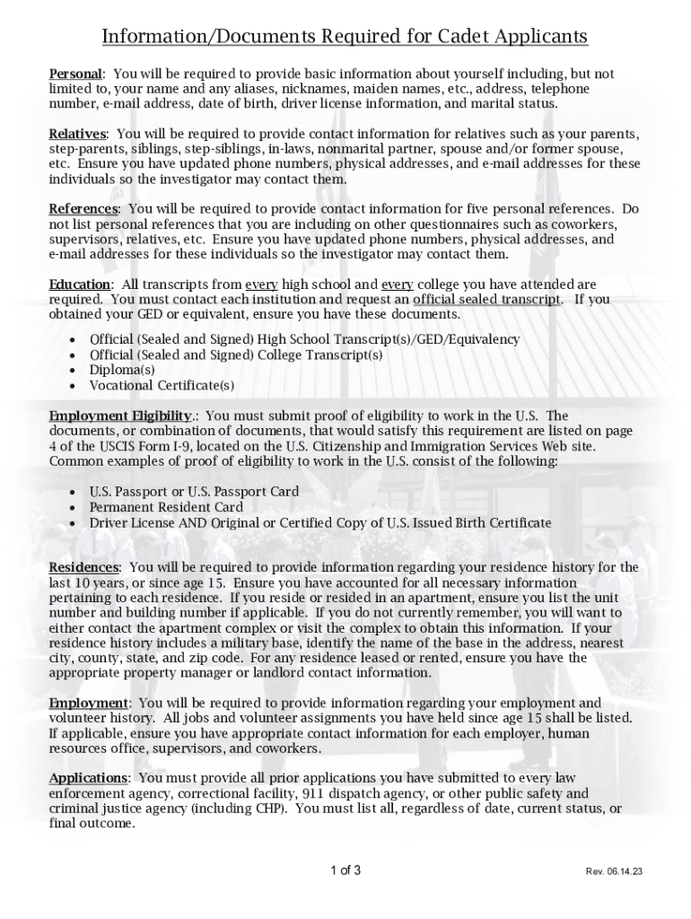 Fillable Online Information/Documents Required for Cadet Applicants Fax Email Print - pdfFiller