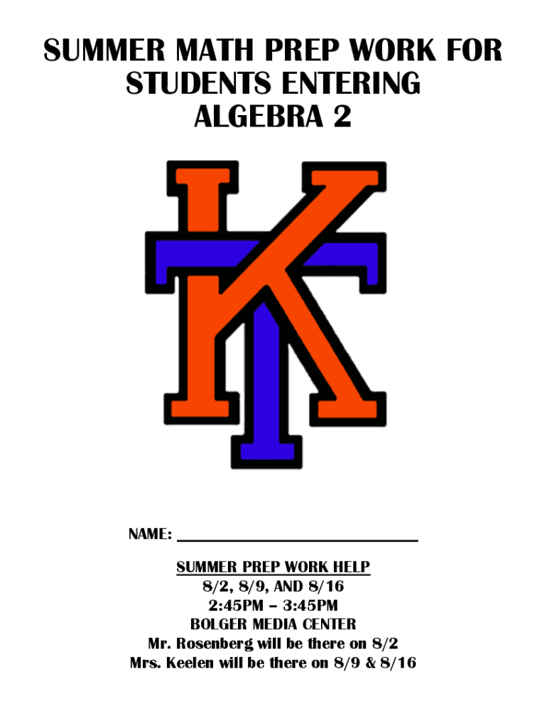 Fillable Online Entering Alg 2 Completed Summer Math Prep Work Fax Email Print - pdfFiller