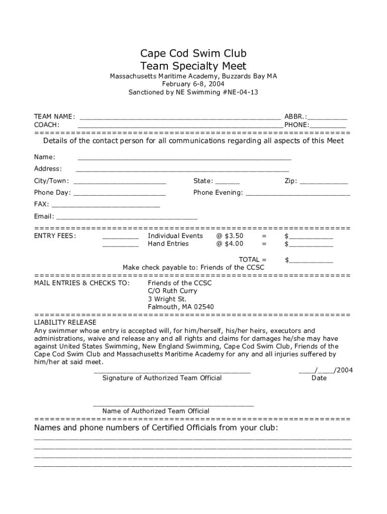 Fillable Online Cape Cod Swim Club Team Specialty Meet Massachusetts ...