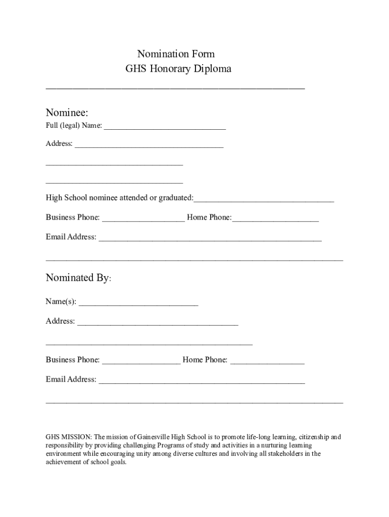 Fillable Online Nomination Form GHS Honorary Diploma Fax Email Print - pdfFiller
