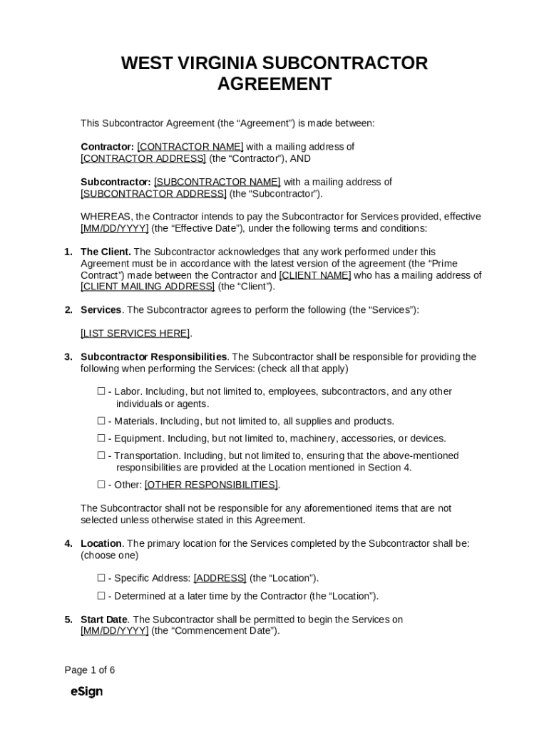 west virginia subcontractor agreement Doc Template | pdfFiller