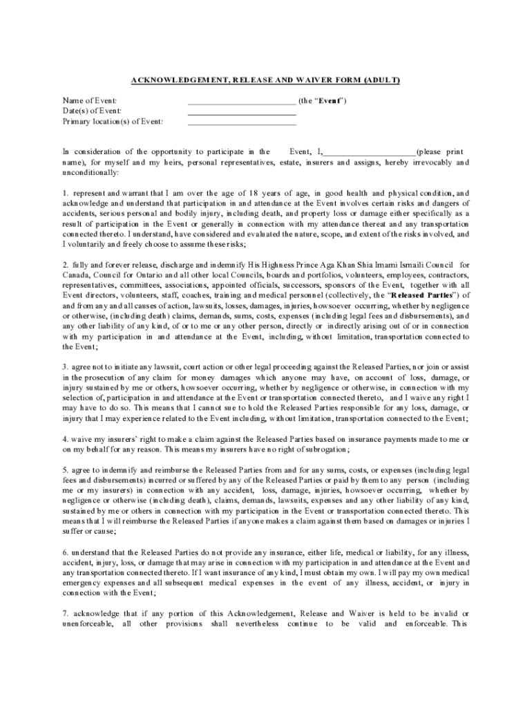 Fillable Online Acknowledgement, Release and Waiver Form (Adult) Fax ...