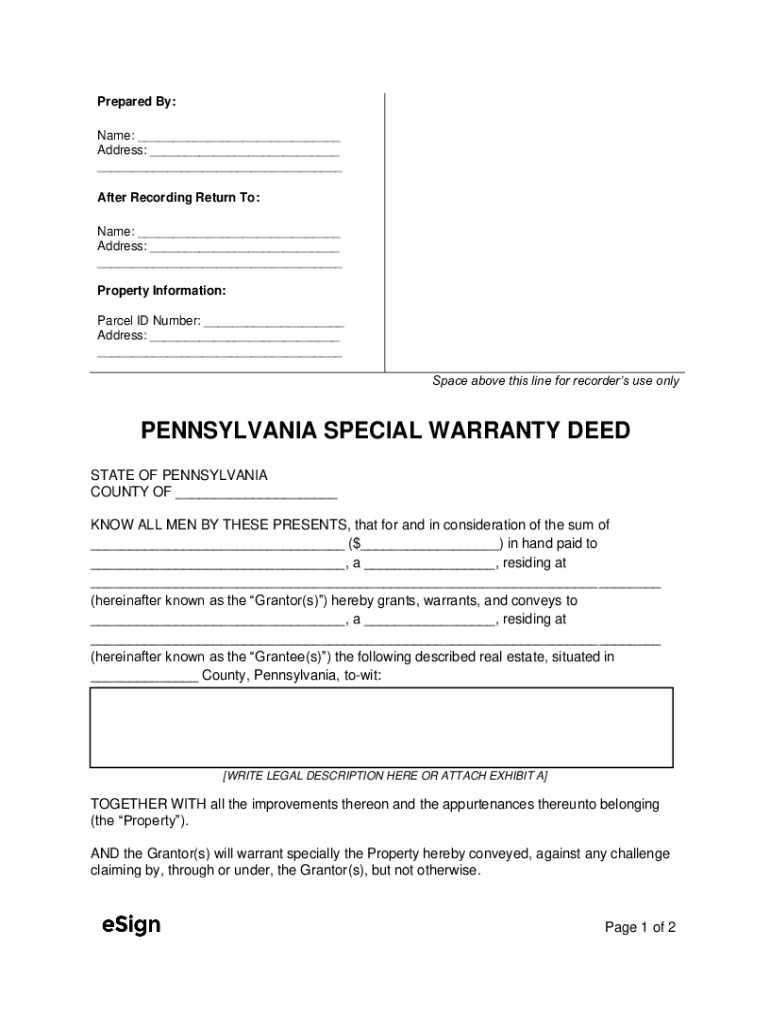 Fillable Online Pennsylvania Special Warranty Deed Form Fax Email Print ...