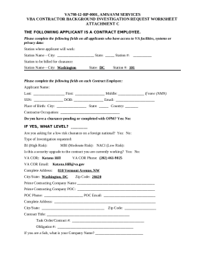 VBA CONTRACTORT BACKGROUND INVESTIGATION REQUEST WORKSHEET ATTACHMENT B Doc Template | pdfFiller