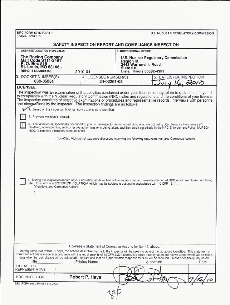 Fillable Online IR 03005081-10-001 on 07/16/2010 for Boeing Company, St ...