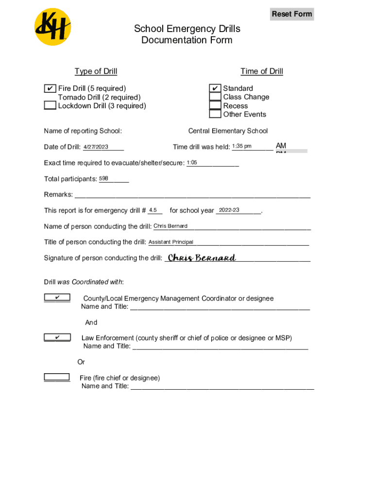 Fillable Online School Emergency Drills Documentation Form. KH Central Elementary Fax Email ...