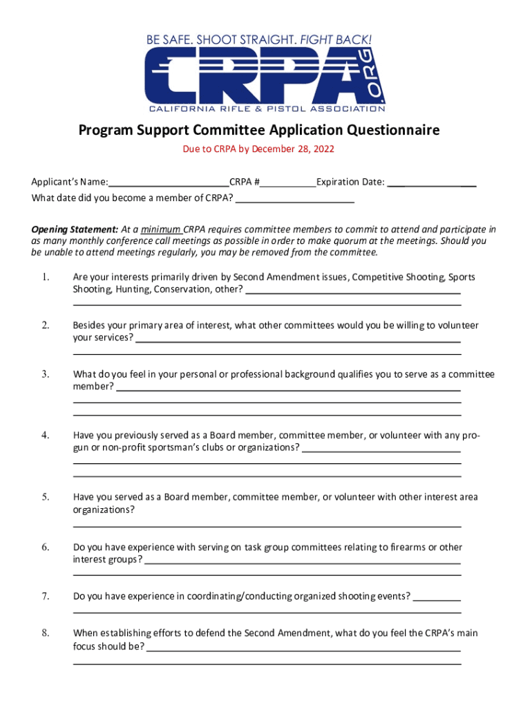 Fillable Online Program Support Committee Application Questionnaire Fax ...