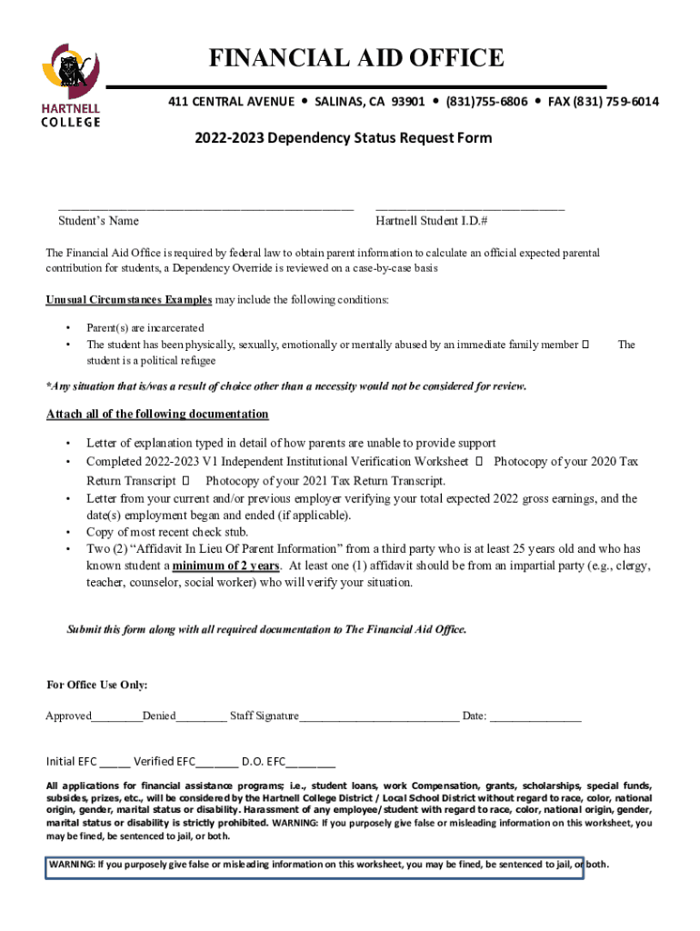 Fillable Online 20222023 Dependency Status Request Form Fax Email Print Pdffiller