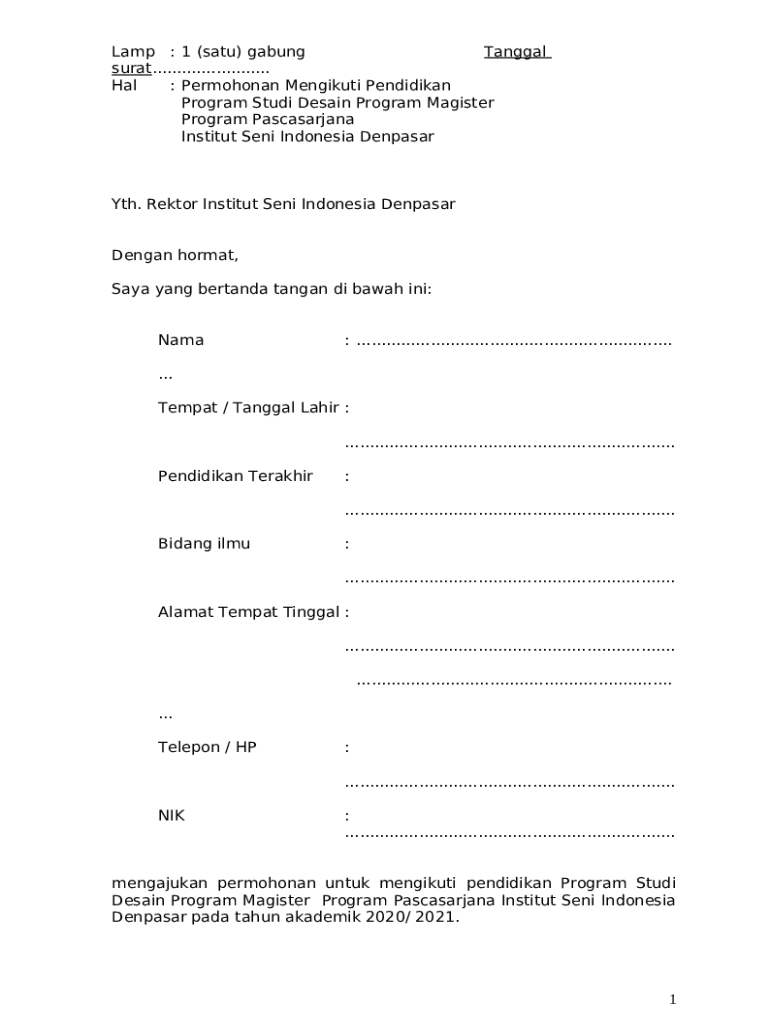 ulir lamaran program studi magister manajemen seni ... Doc Template | pdfFiller