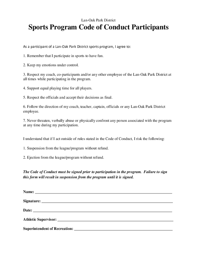 Fillable Online Sports Program Code of Conduct Participants Fax Email ...