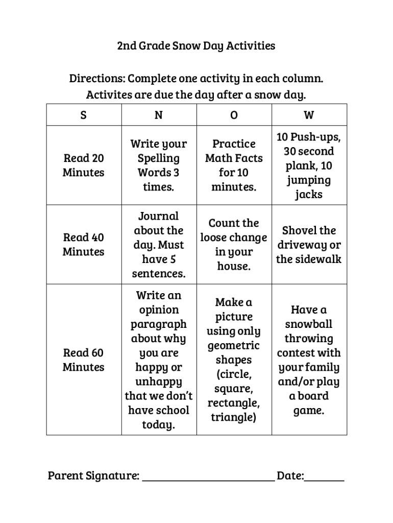 Fillable Online 3rd Grade Virtual Snow Day Learning Menu - Connect ...