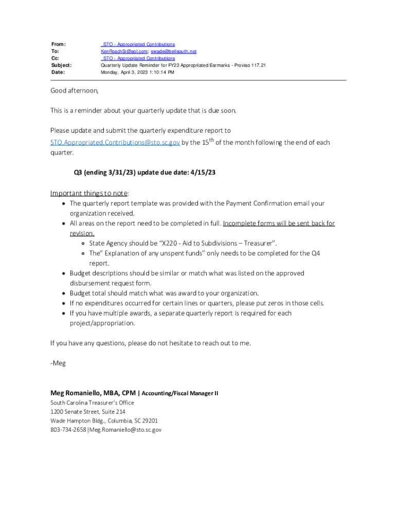 Fillable Online treasurer sc Good morning, This is a reminder about your quarterly update ...