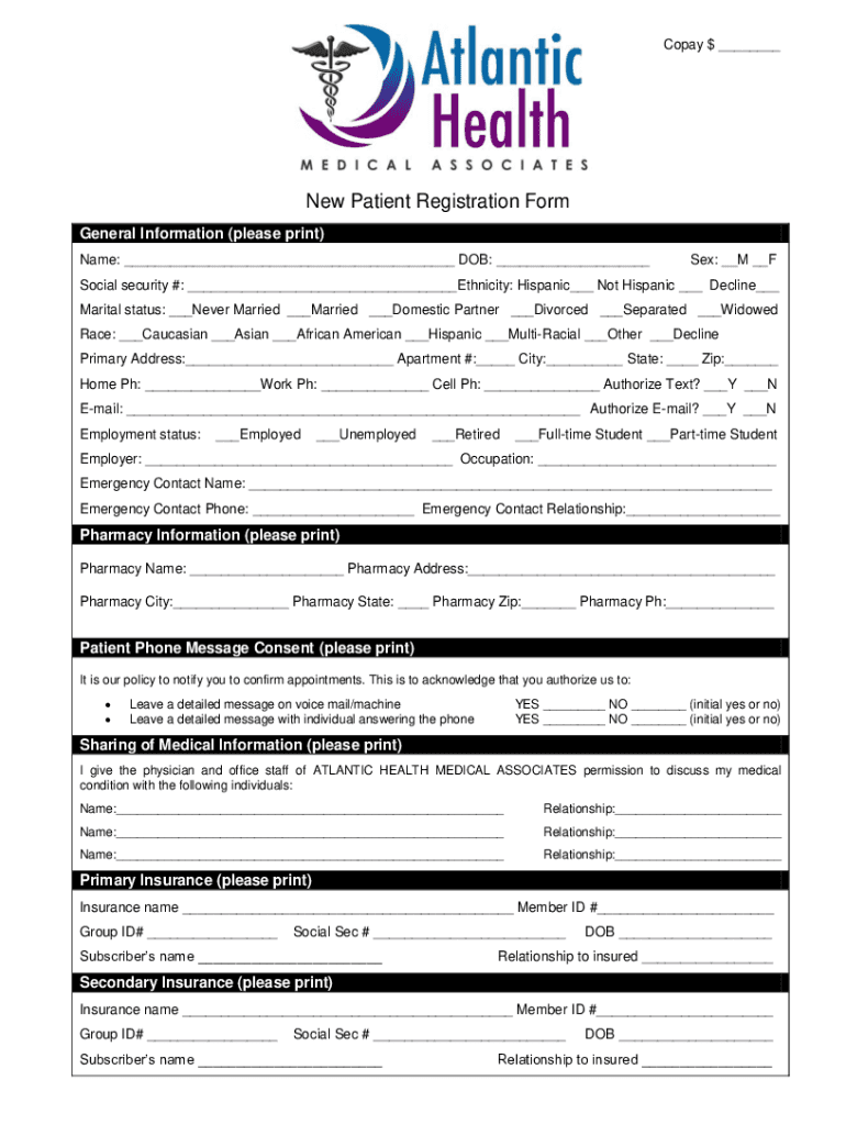 Fillable Online New Patient Registration Form Co-Pay: Fax Email Print ...