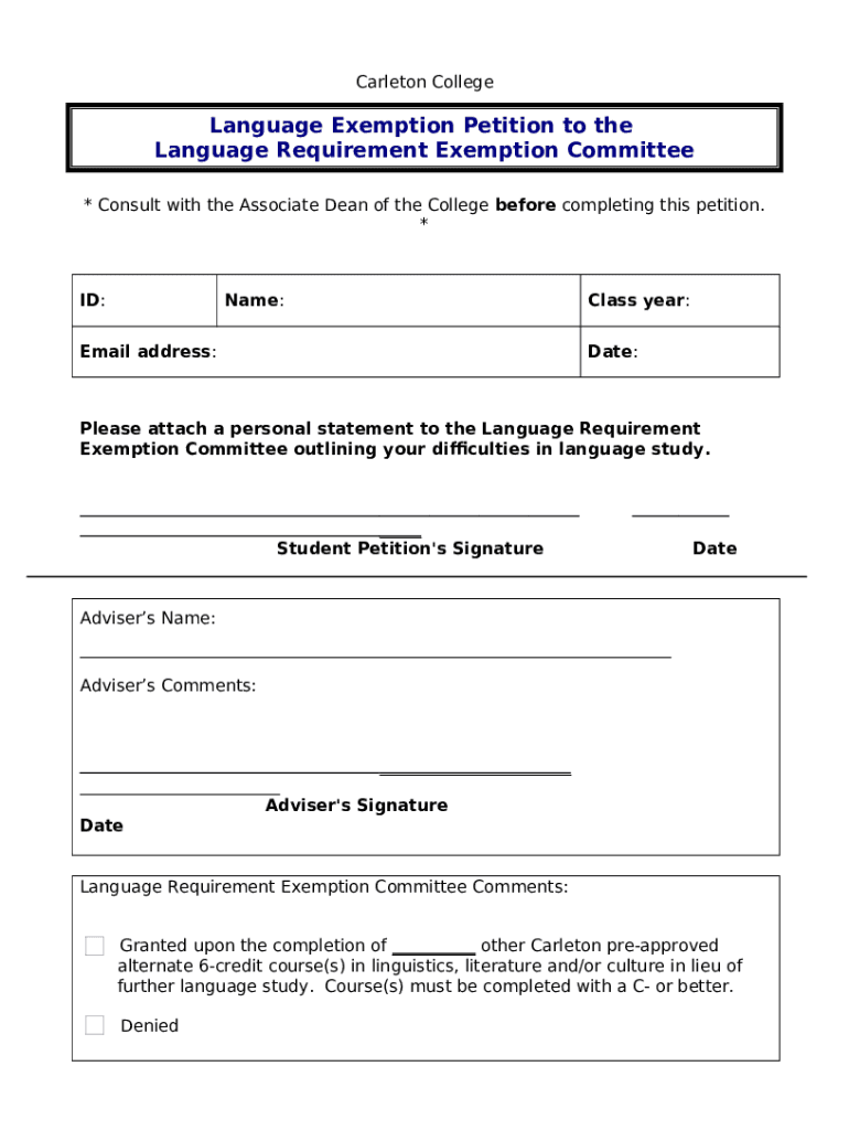 Language Exemption Petition to the Doc Template | pdfFiller