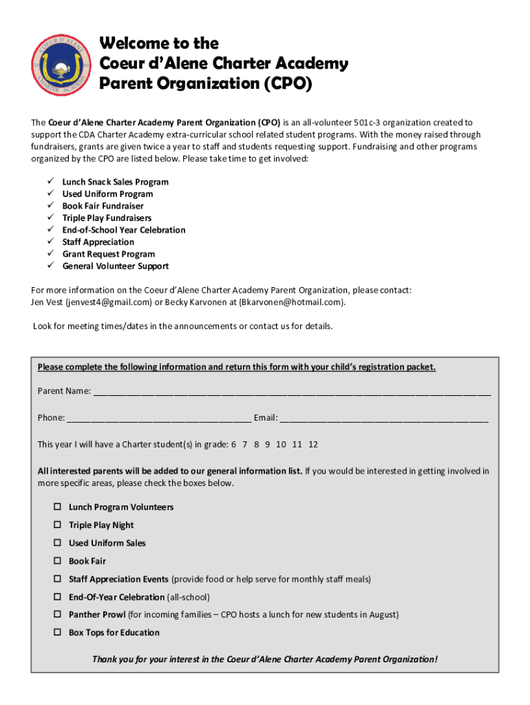 Fillable Online the Coeur d'Alene Charter Academy Parent Organization ...