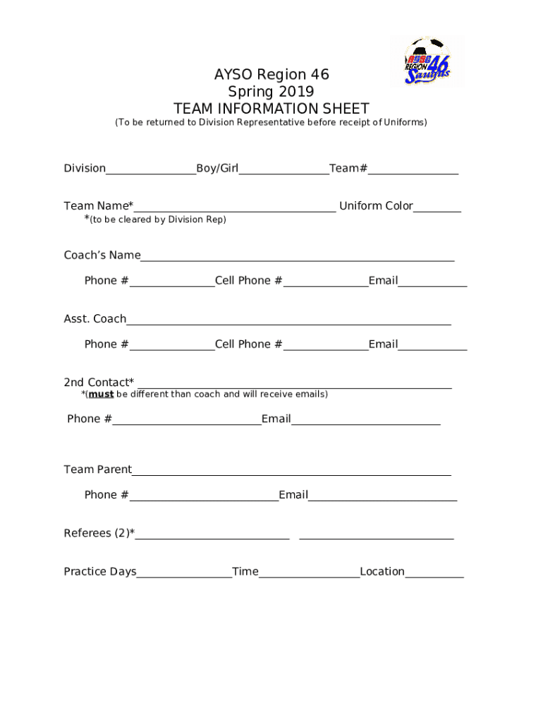 TEAM INATION SHEET Doc Template | pdfFiller