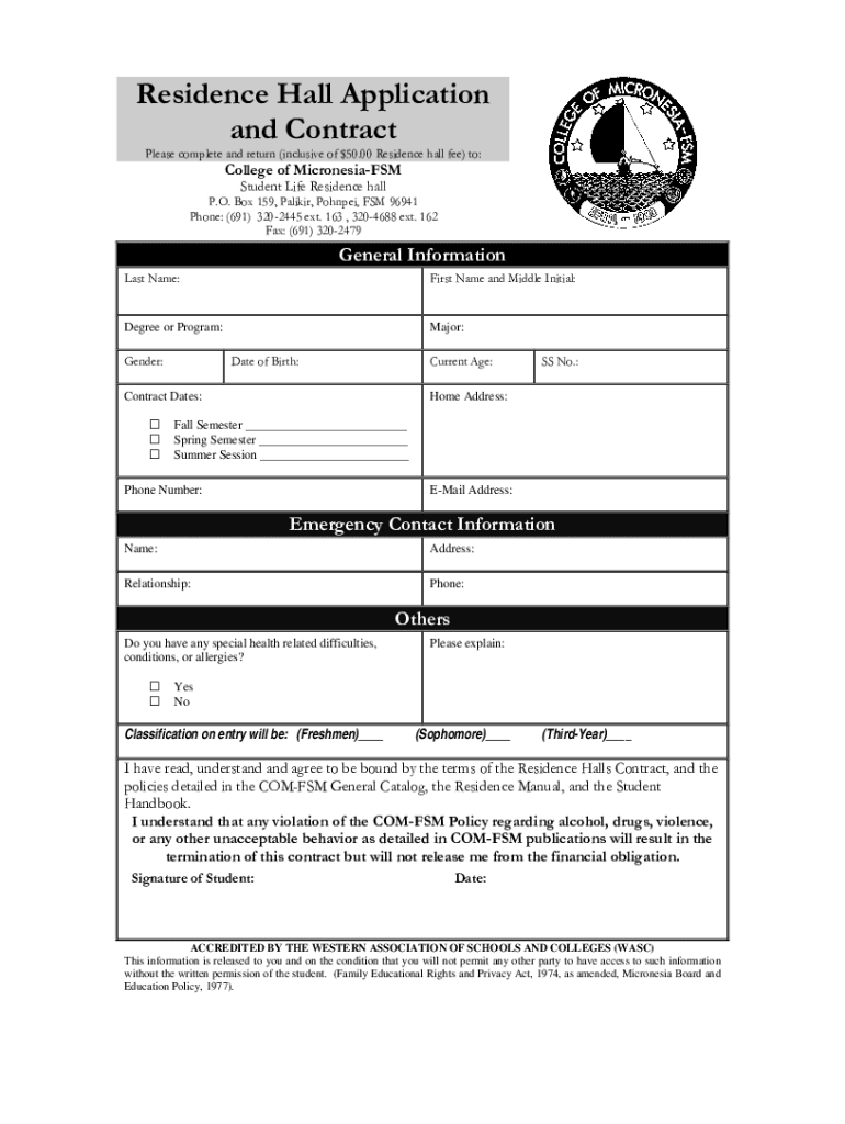 Fillable Online Student Residence Hall Application and Agreement Fax ...