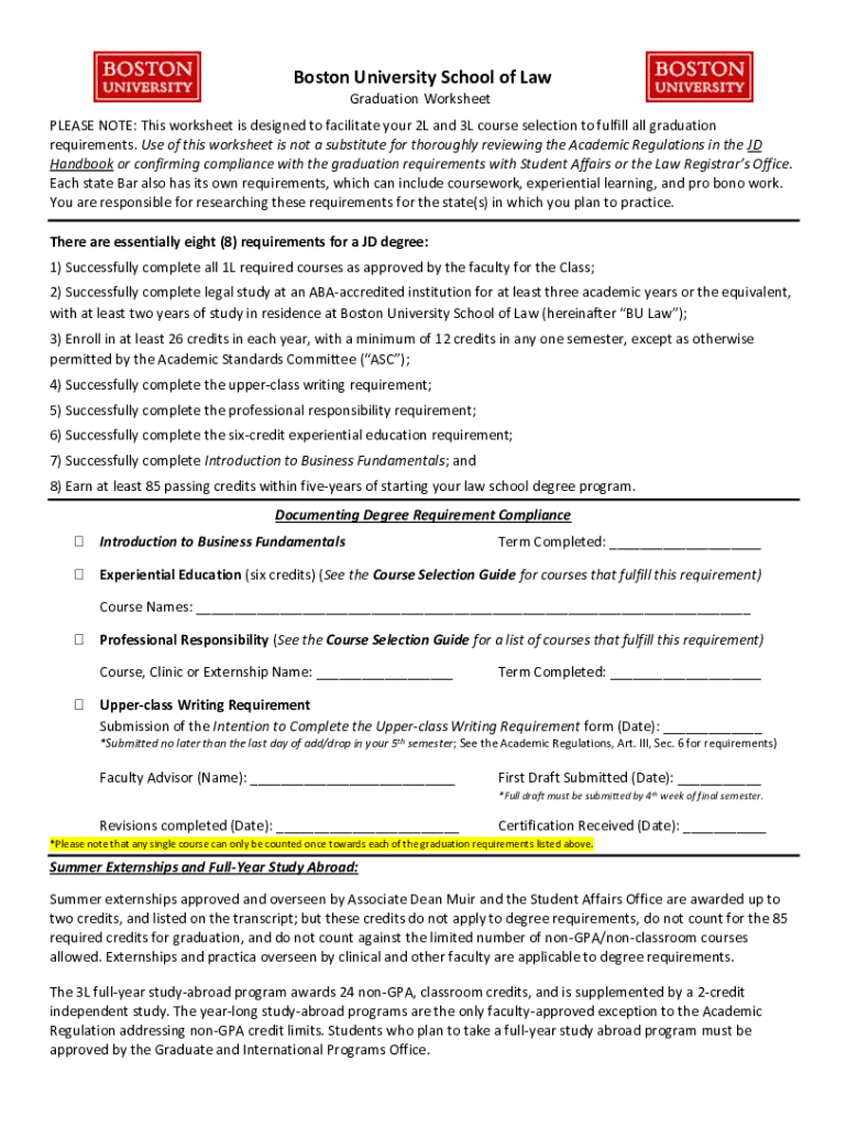 Fillable Online Graduation Requirements WorksheetsSchool of Law Fax ...