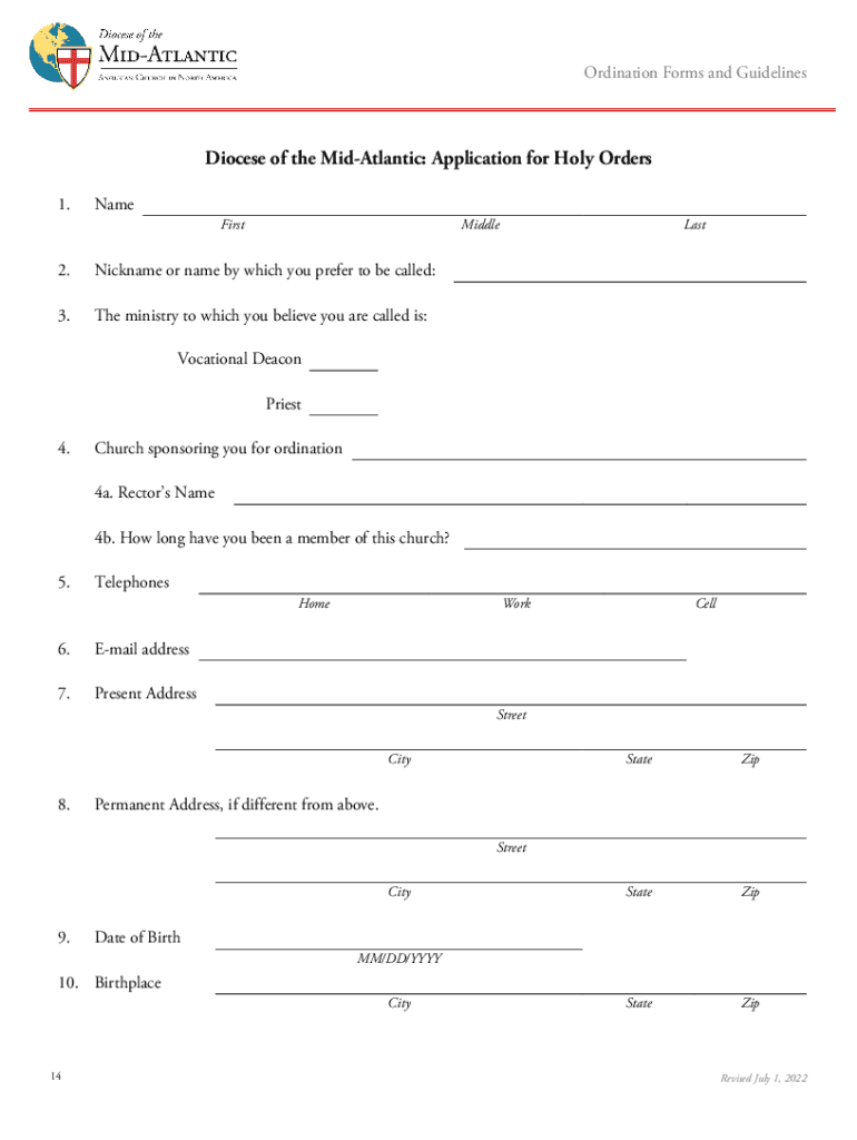 Fillable Online Diocese of the Mid-Atlantic: Application for Holy ...