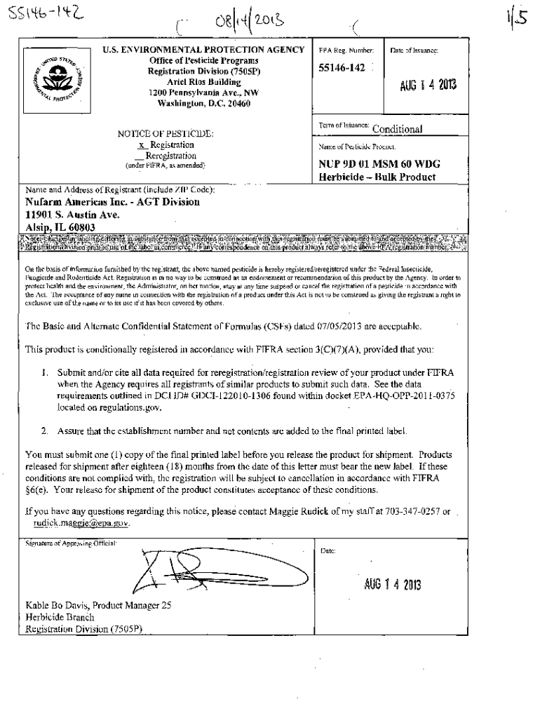 Fillable Online US EPA, Pesticide Product Label, NUP 9D 01 MSM 60 WDG ...