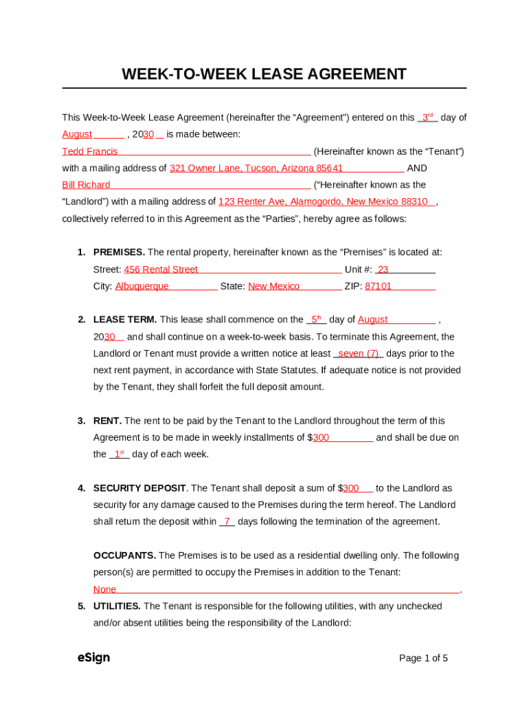 WEEK-TO-WEEK LEASE AGREEMENT Doc Template | pdfFiller