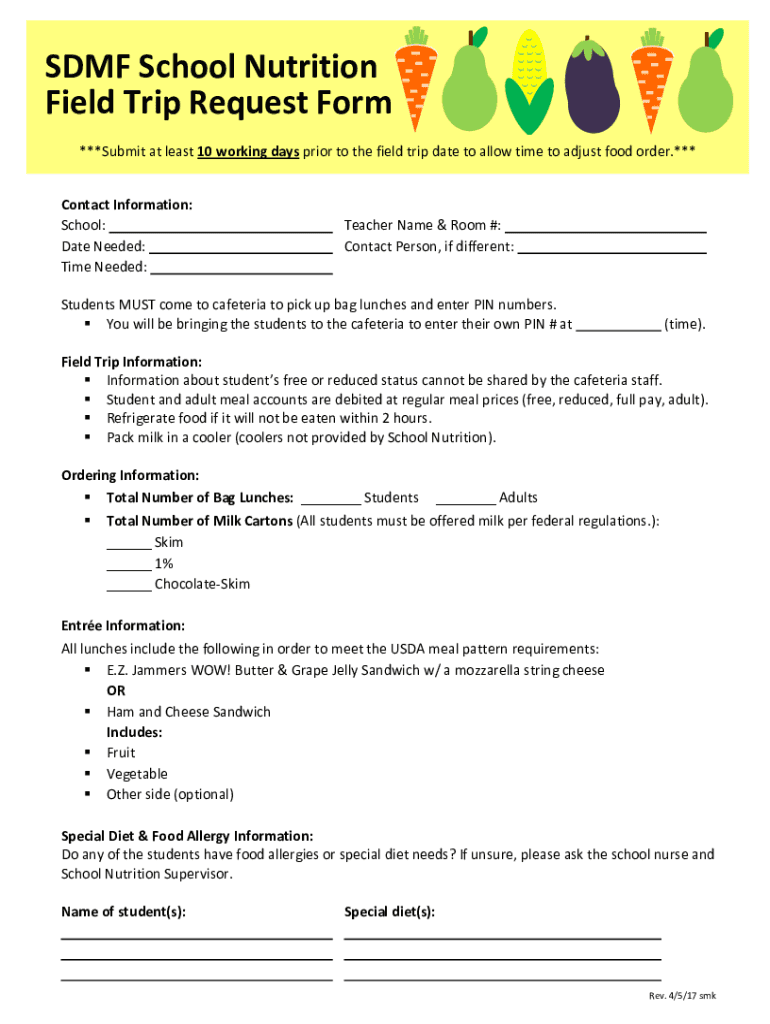 Fillable Online SDMF School Nutrition Field Trip Request Form Fax Email ...