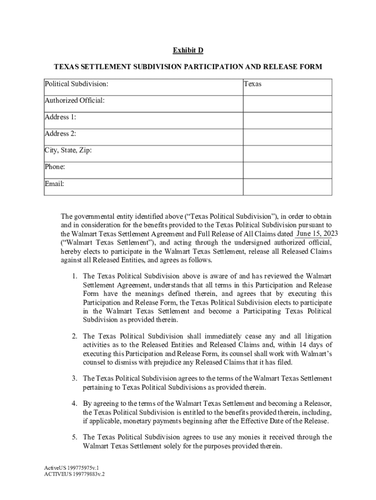 Fillable Online Exhibit D Subdivision Settlement Participation Form ...