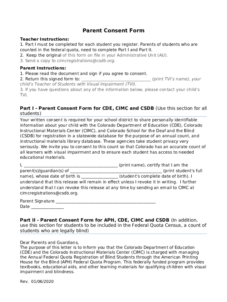 Parent Consent for APH, CDE, CIMC and CSDB (In ... Doc Template | pdfFiller