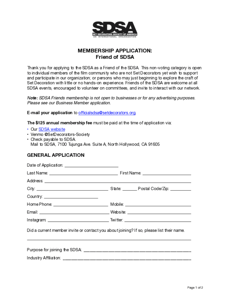 Fillable Online SDSA MEMBERSHIP APPLICATION: Friend of the SDSA Fax Email Print - pdfFiller