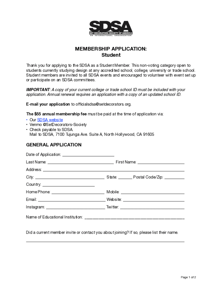 Fillable Online SDSA Student Member Application. SDSA Student Member ...